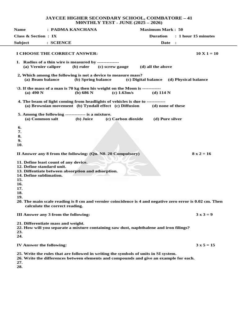 Science Monthly Test for Class IX | PDF