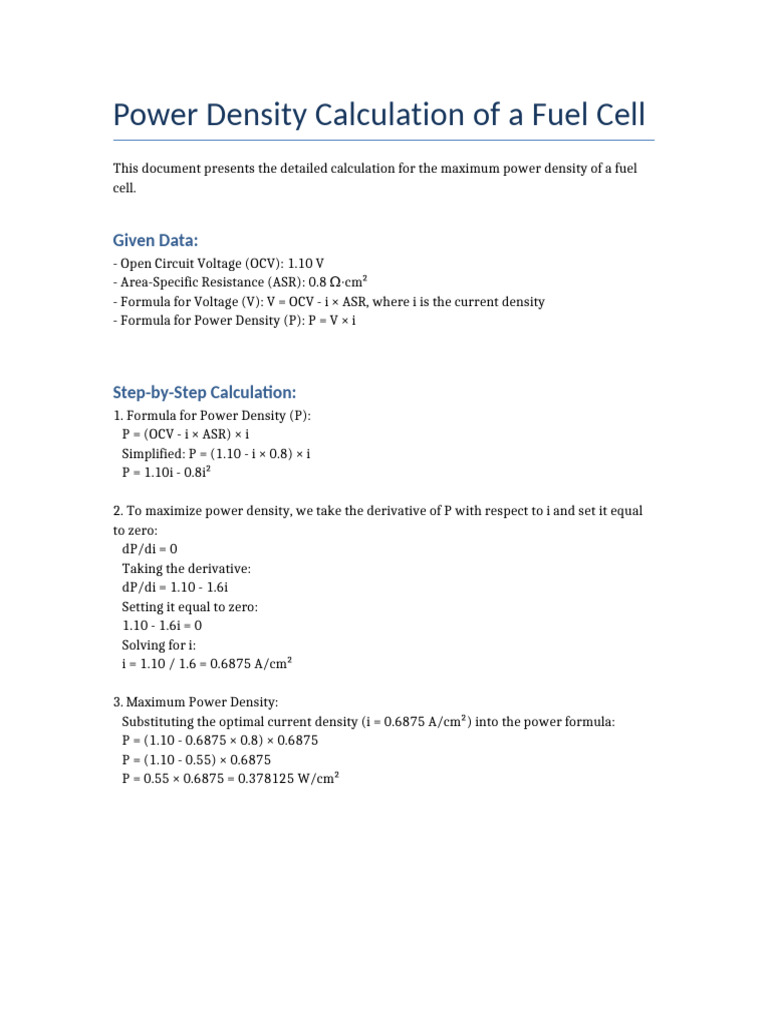 Fuel Cell Power Density Calculation | PDF