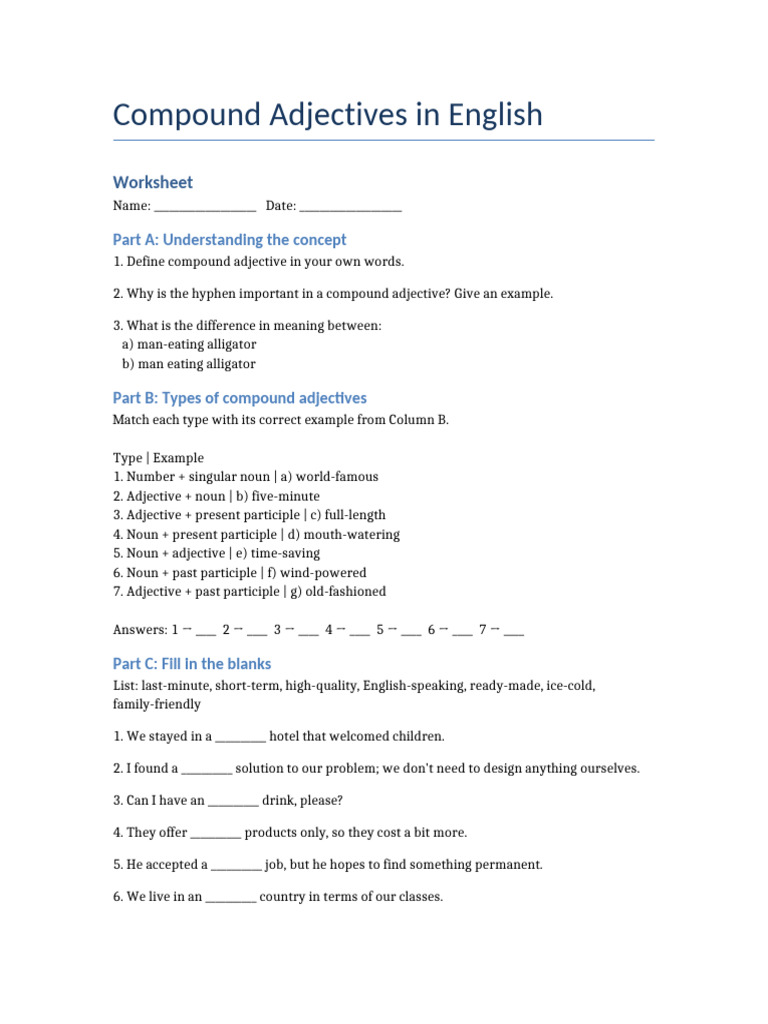 Compound Adjectives Worksheet and AnswerKey | PDF | Adjective | Noun