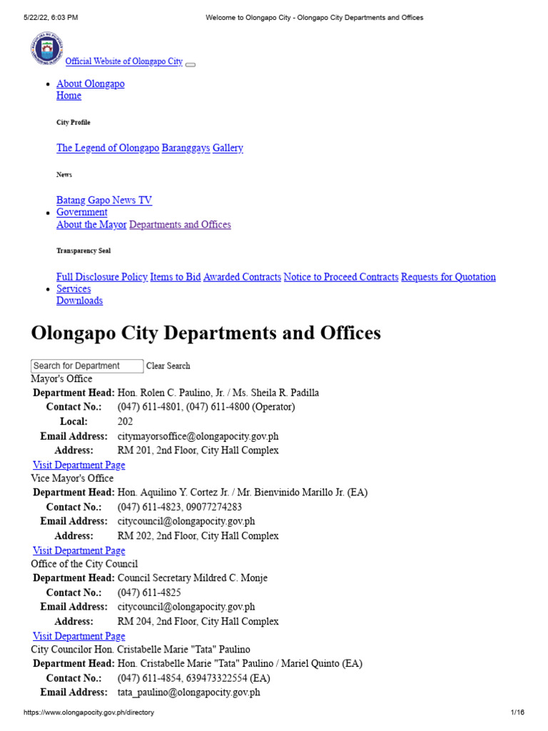 Olongapo City Hall Contact Directory | PDF