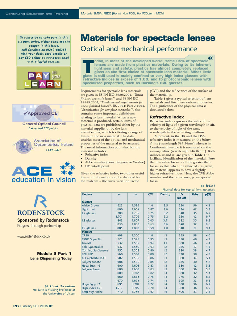 Spectacle Lens Material Properties Guide | PDF | Refractive Index ...