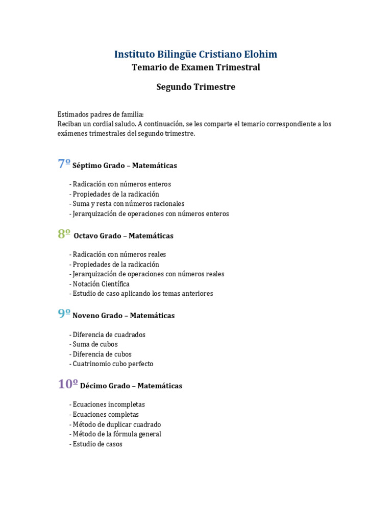 Temario de Matemáticas y Química Segundo Trimestre | PDF