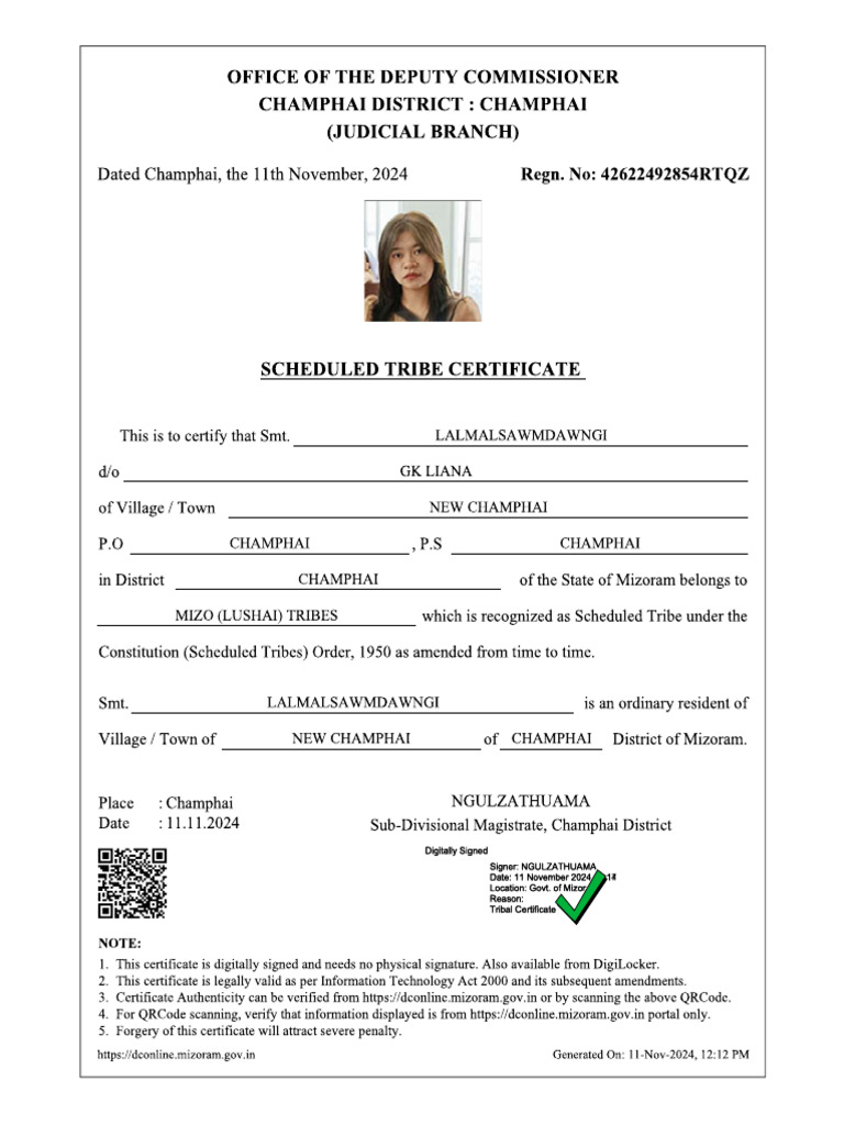Lalmalsawmdawngi Tribal Certificate | PDF