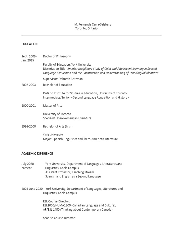 Profile of M. Fernanda Carra-Salsberg | PDF | York University | English ...