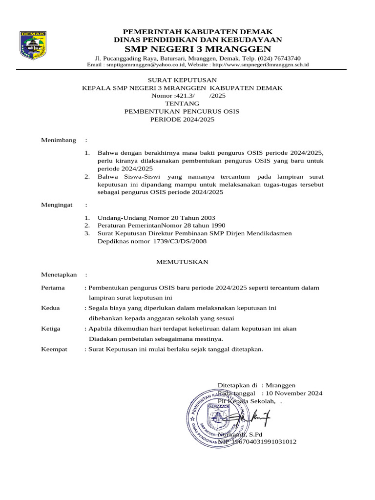 SK DAN SUSUNAN PENGURUS OSIS SMP 4 lOBALAAIN | PDF