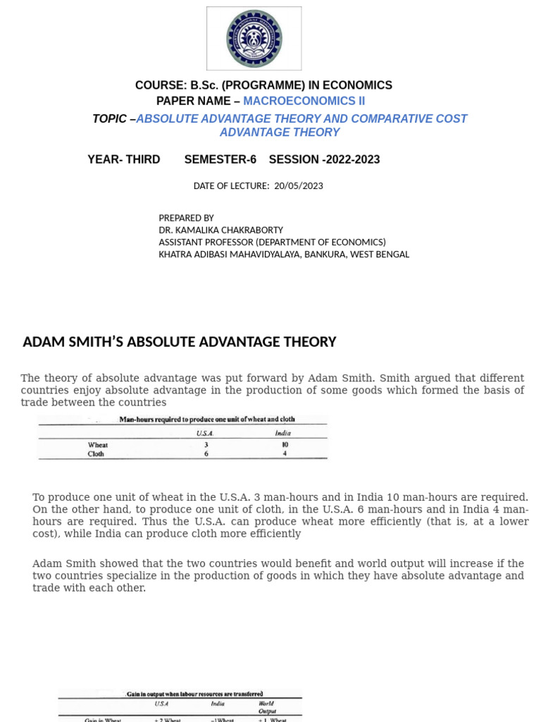 Absolute Advantage Theory and Comparative Cost Advantage Theory | PDF ...