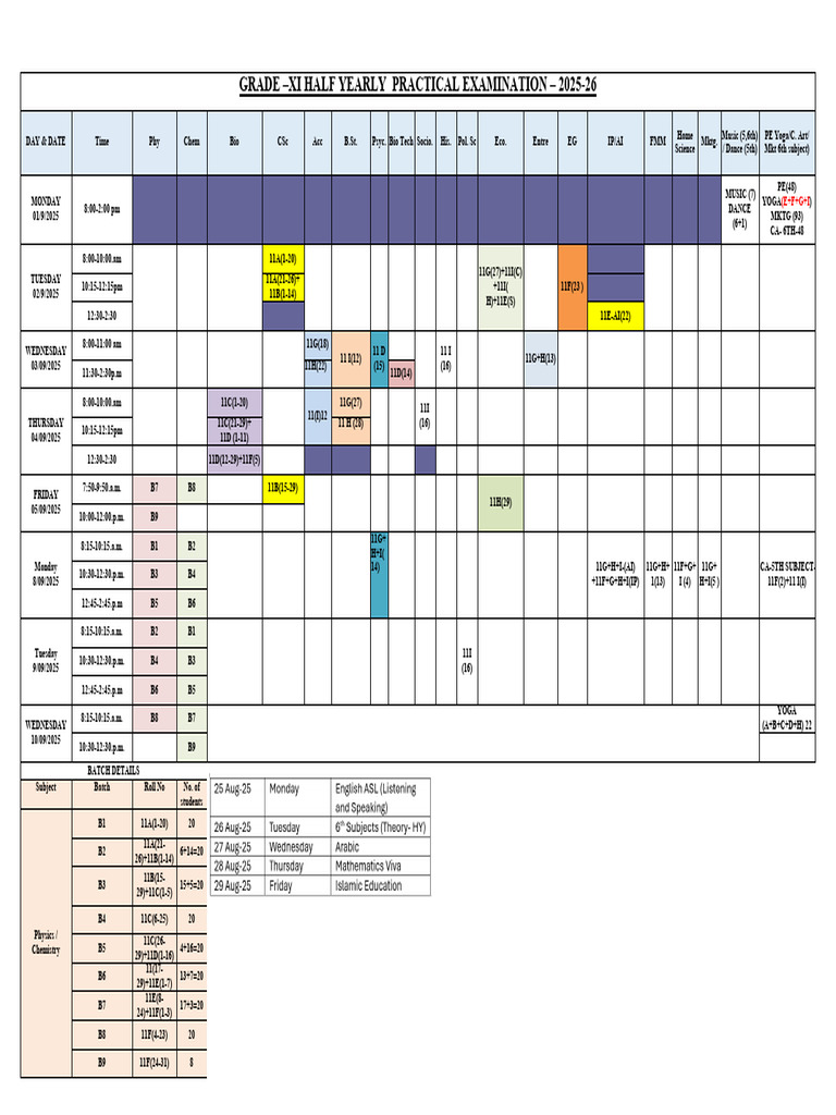 Grade 11 Half Yearly Practical Time Table 2025-26 | PDF
