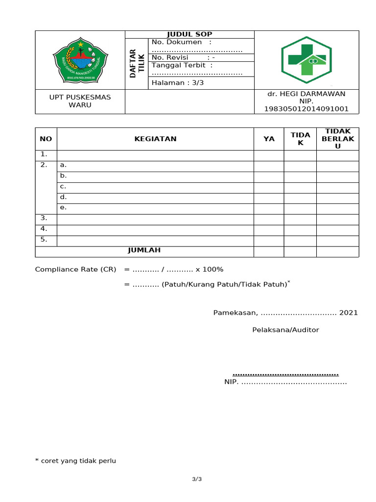 Format Daftar Tilik Sop 2025 | PDF