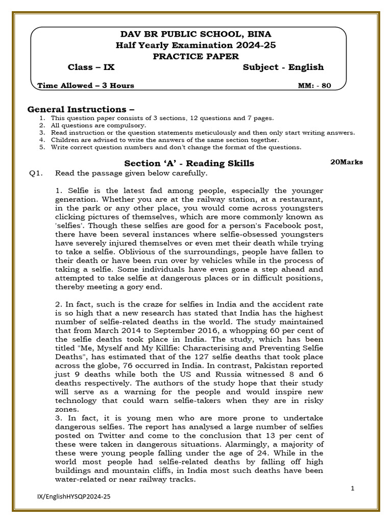 English Sample Paper 2024-25 Class9 | PDF | Orange (Fruit)
