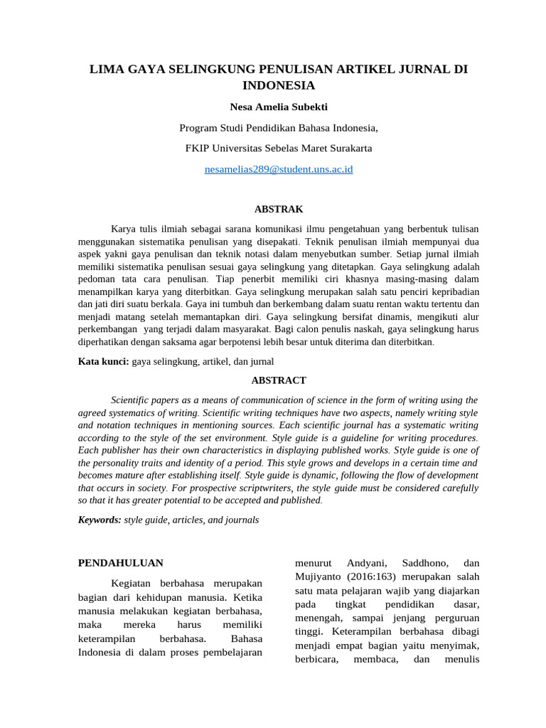 Lima Gaya Selingkung Penulisan Artikel Jurnal Di Indonesia | PDF