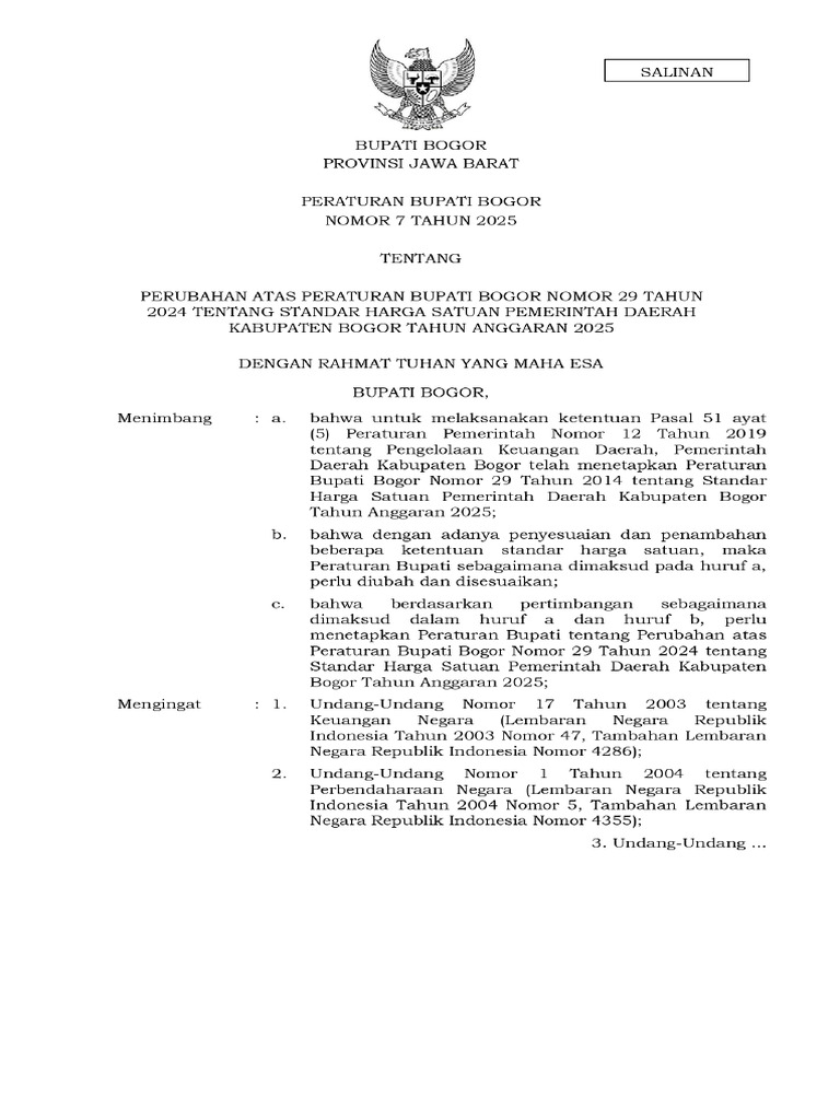 Perbup Bogor Nomor 7 Tahun 2025 | PDF