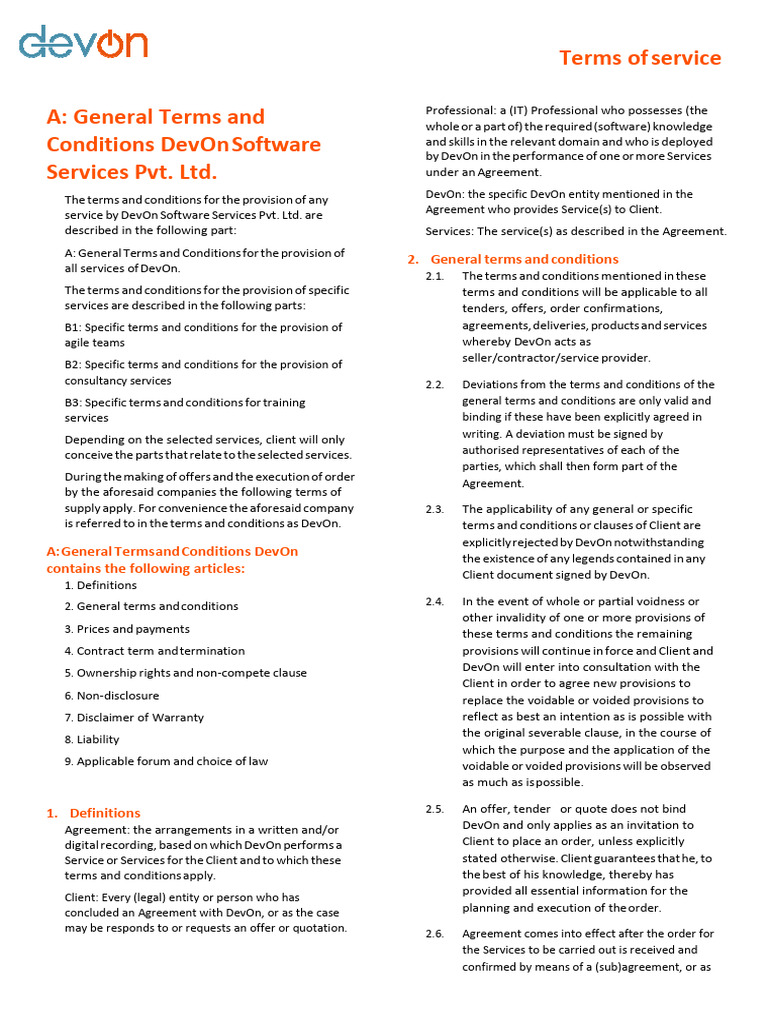 DevOn Software Services Terms of Service | PDF | Breach Of Contract ...