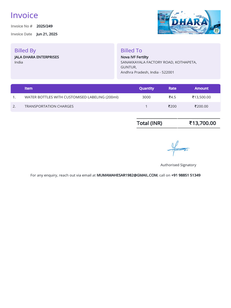 Invoice 2025249 Jala Dhara Enterprises Nova Ivf Fertilty | PDF