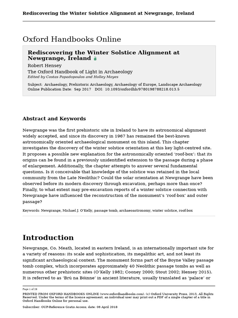 Paper Rediscovering Winter Solstice Alignment Newgrange | PDF