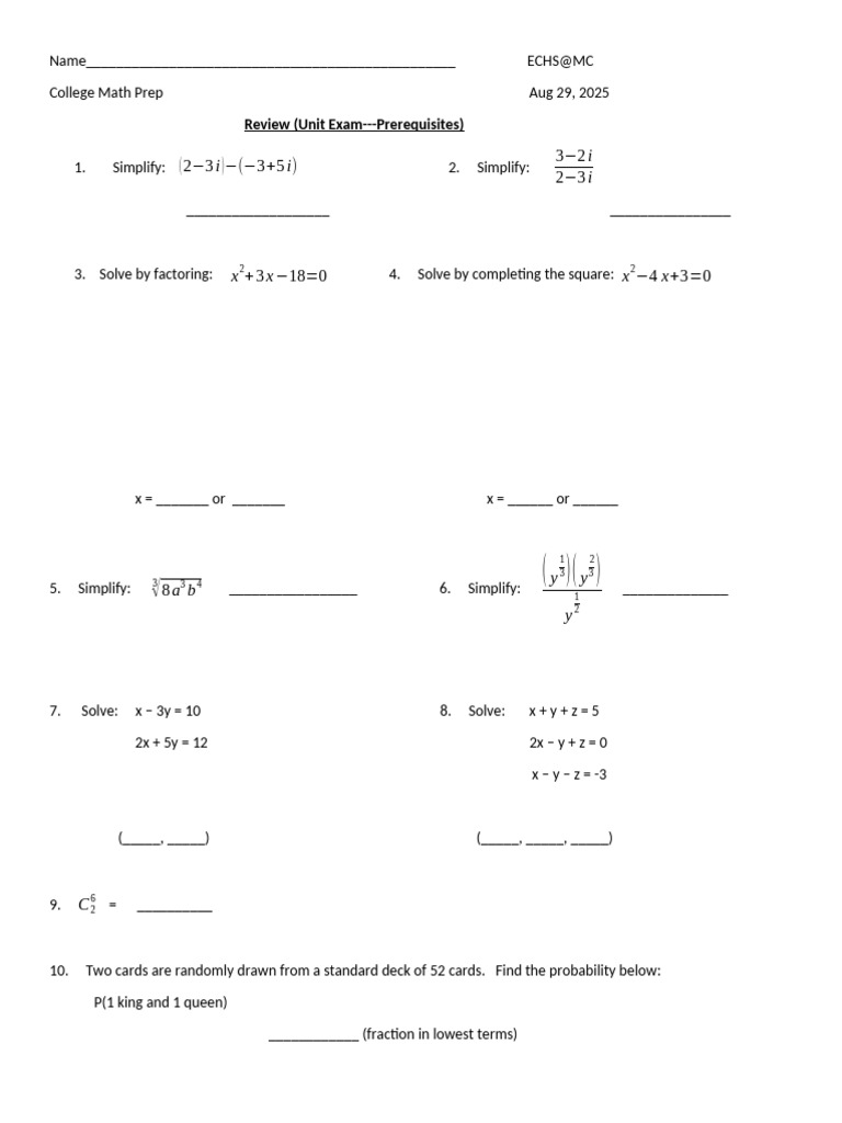 College Math Prep Review Unit Exam (Prerequisites) | PDF | Number ...