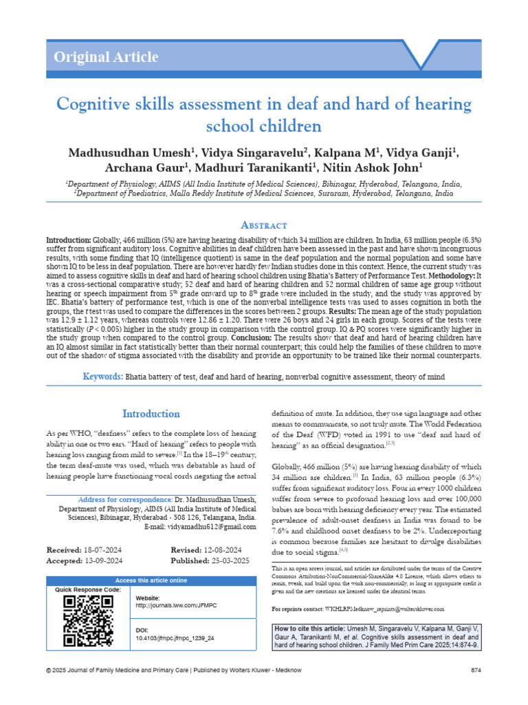 Cognitive Skills Assessment in Deaf and Hard of He | PDF | Hearing Loss ...