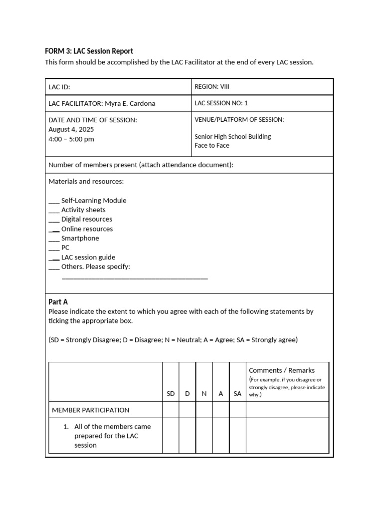 LAC Session Report Form 3 Guide | PDF