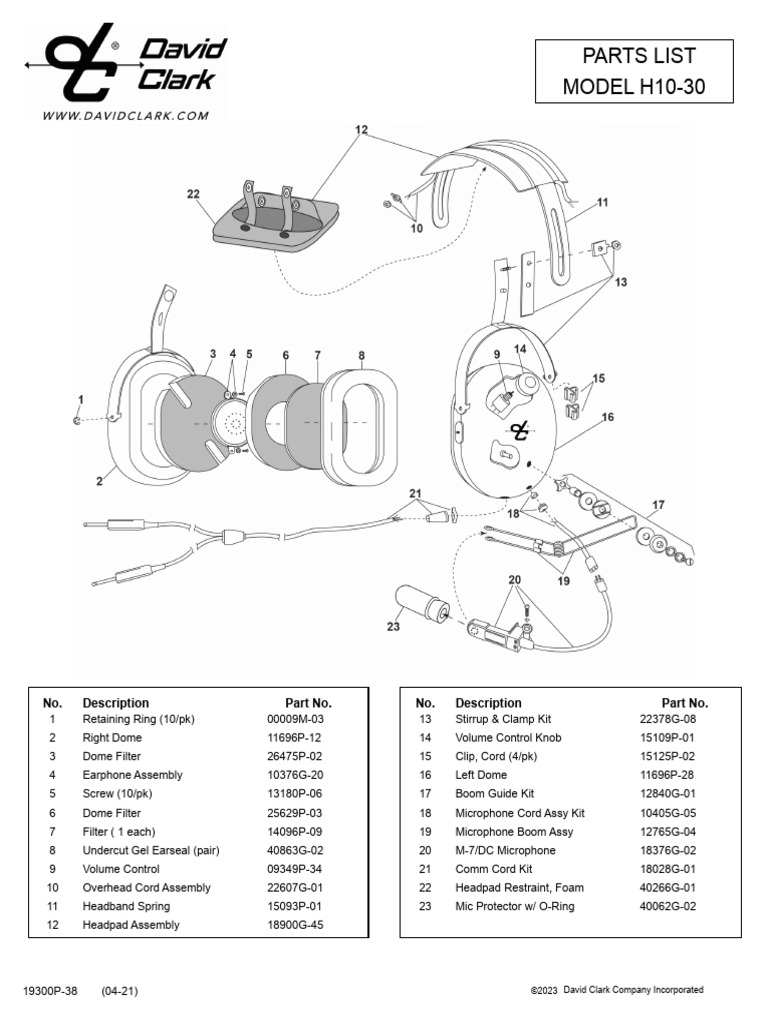 David Clark h10 30 Parts List | PDF