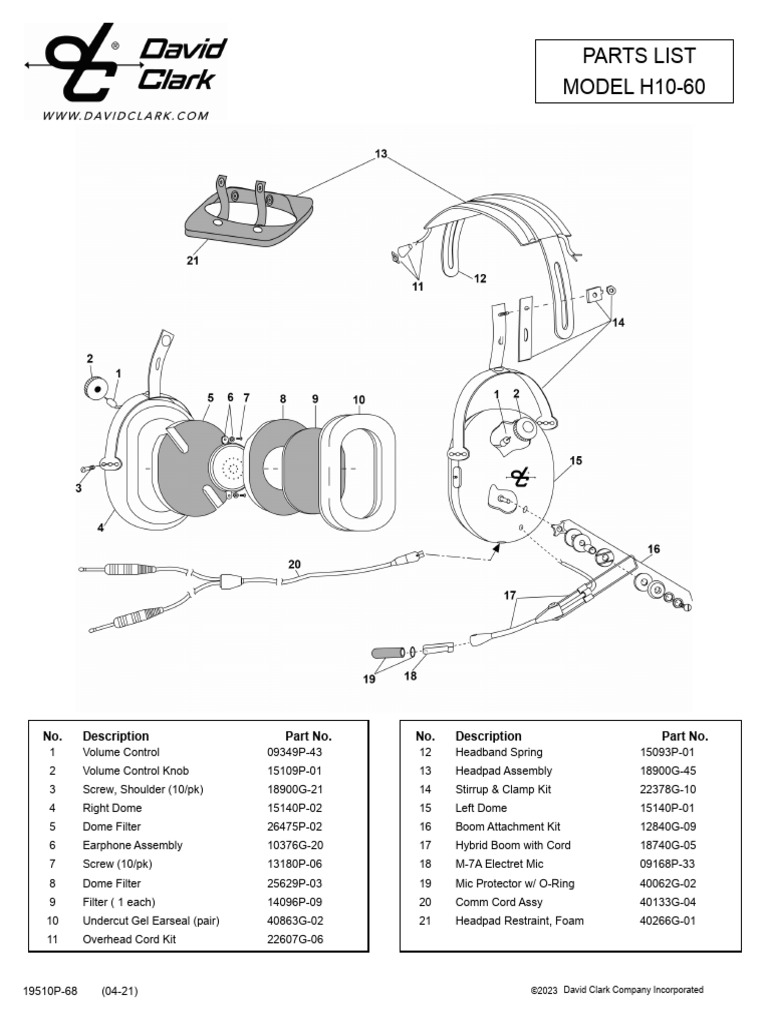 David Clark h10 60 Parts List | PDF
