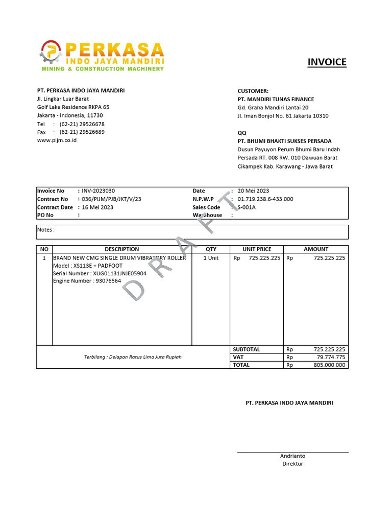 Invoice Penjualan Alat Berat 2023 | PDF