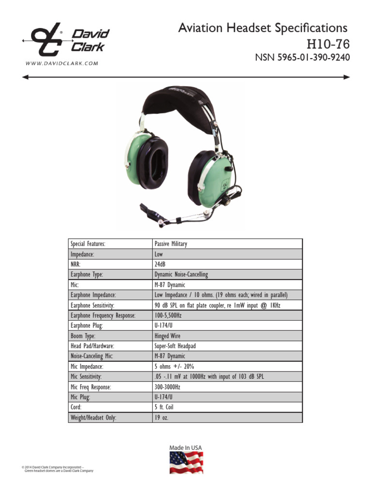 Aviation Headset H10-76 Specs | PDF