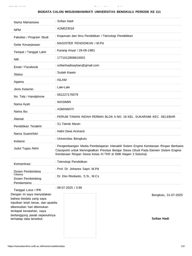 Biodata Mahasiswa Sofian Hadi | PDF