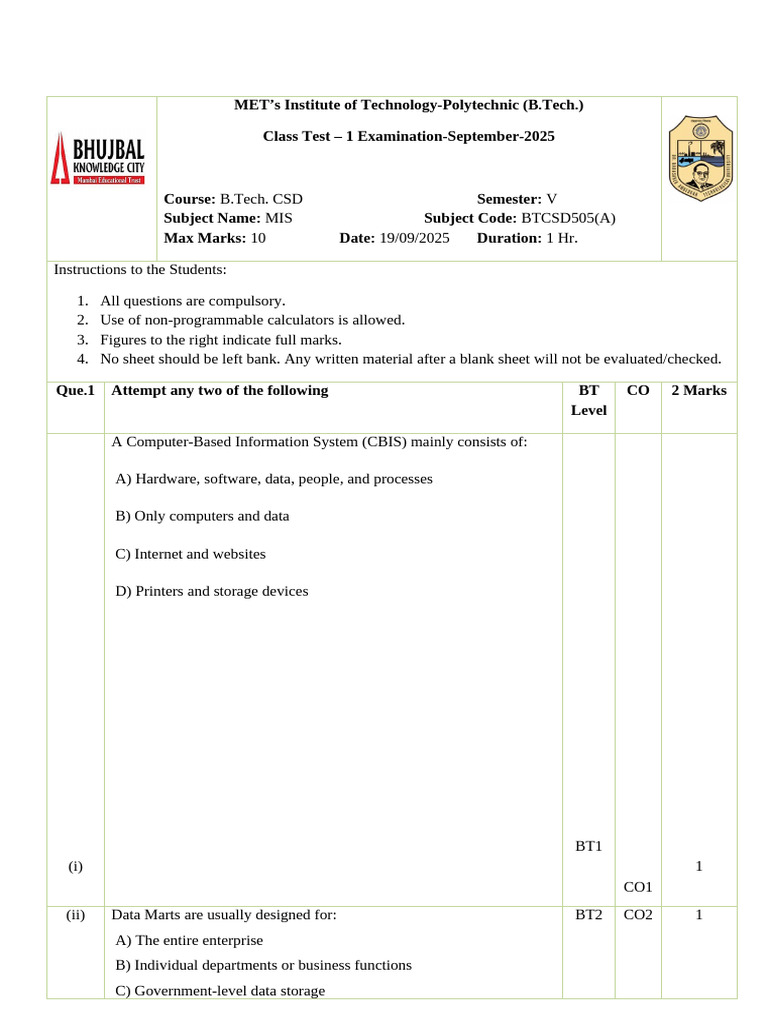 MIS - Question Paper 2024 25 | PDF | Data | Decision Support System
