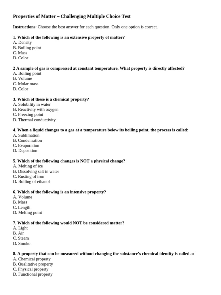 Properties of Matter Test Question | PDF | Gases | Liquids