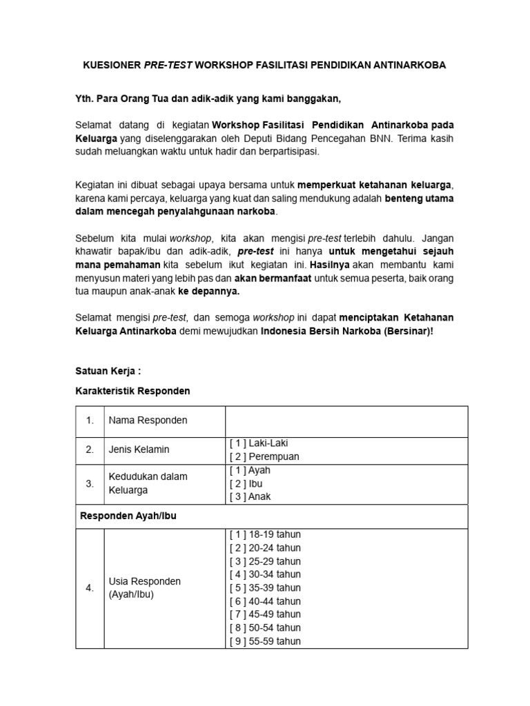 Kuesioner Pre-Test Workshop Antinarkoba | PDF