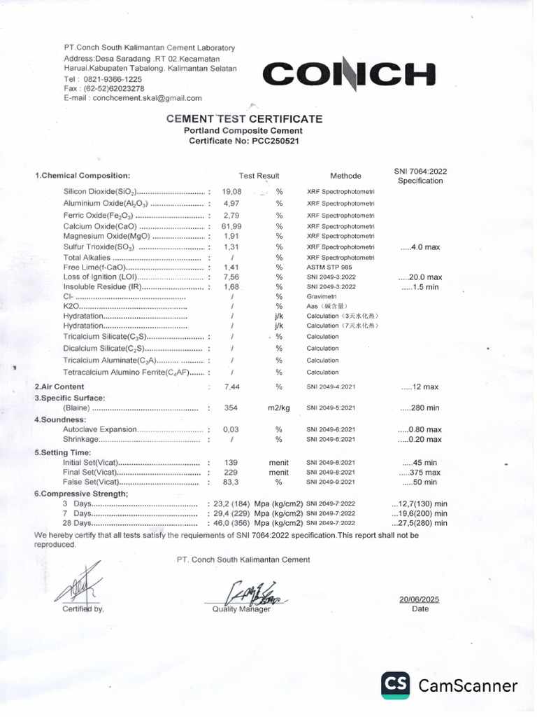 05月2025年 28d 质保书 PCC Cement Test Certificate | PDF