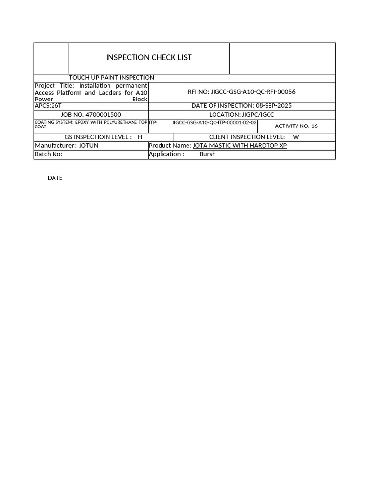 Touch Up Paint Inspection Checklist | PDF