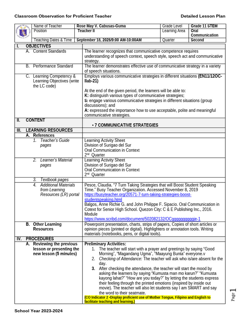 COI-Oral Communication11 | PDF | Lesson Plan | Learning