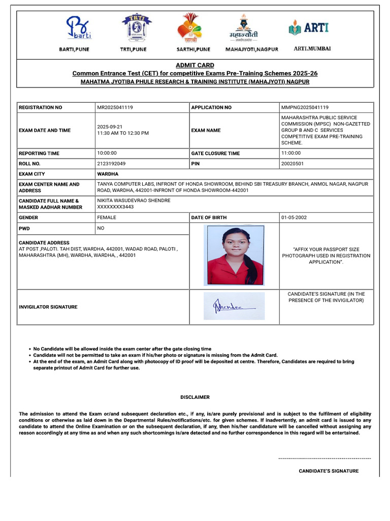MPSC Exam Admit Card Instructions | PDF | Identity Document ...