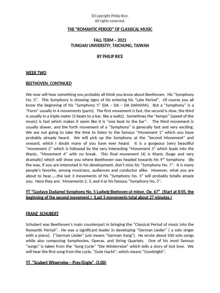 Fall - 2023 - Romantic Period - Week 2 - Beethoven, Cont. Schubert ...
