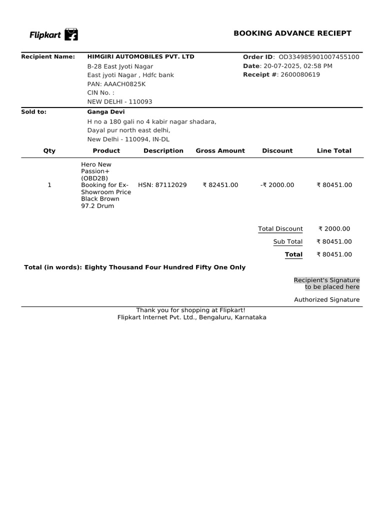 Booking Receipt for Hero Passion+ Motorcycle | PDF