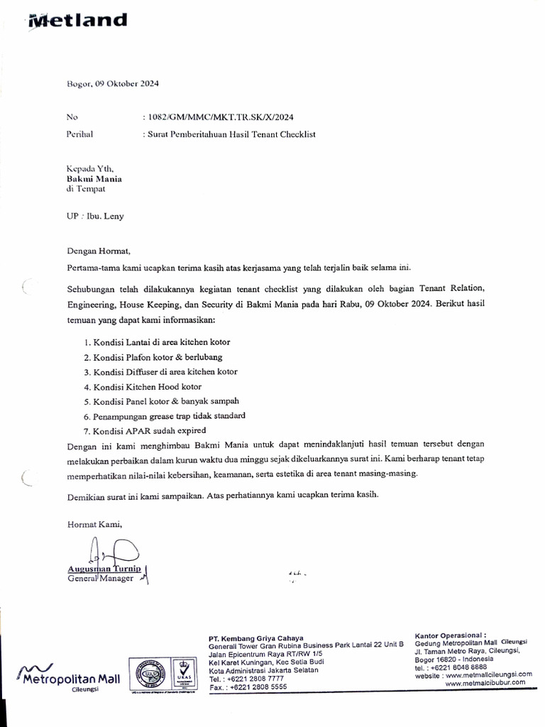 Hasil Tenant Checklist - Bakmi Mania | PDF