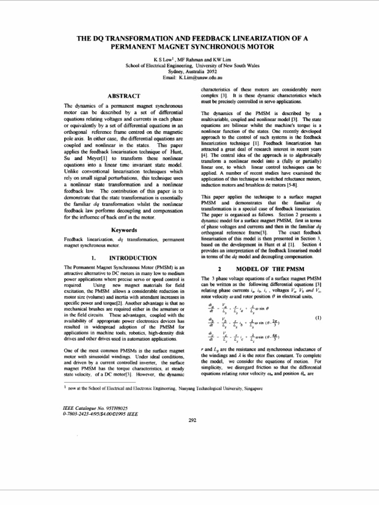 The DQ Transformation and Feedback Linearization of A Permanent Magnet Synchronous Motor | PDF ...