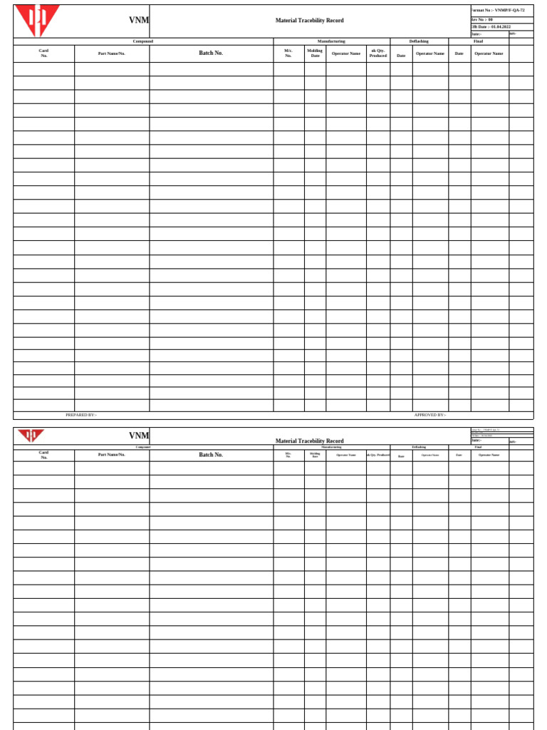 VNM Material Traceability Record | PDF | Plastic | Metalworking