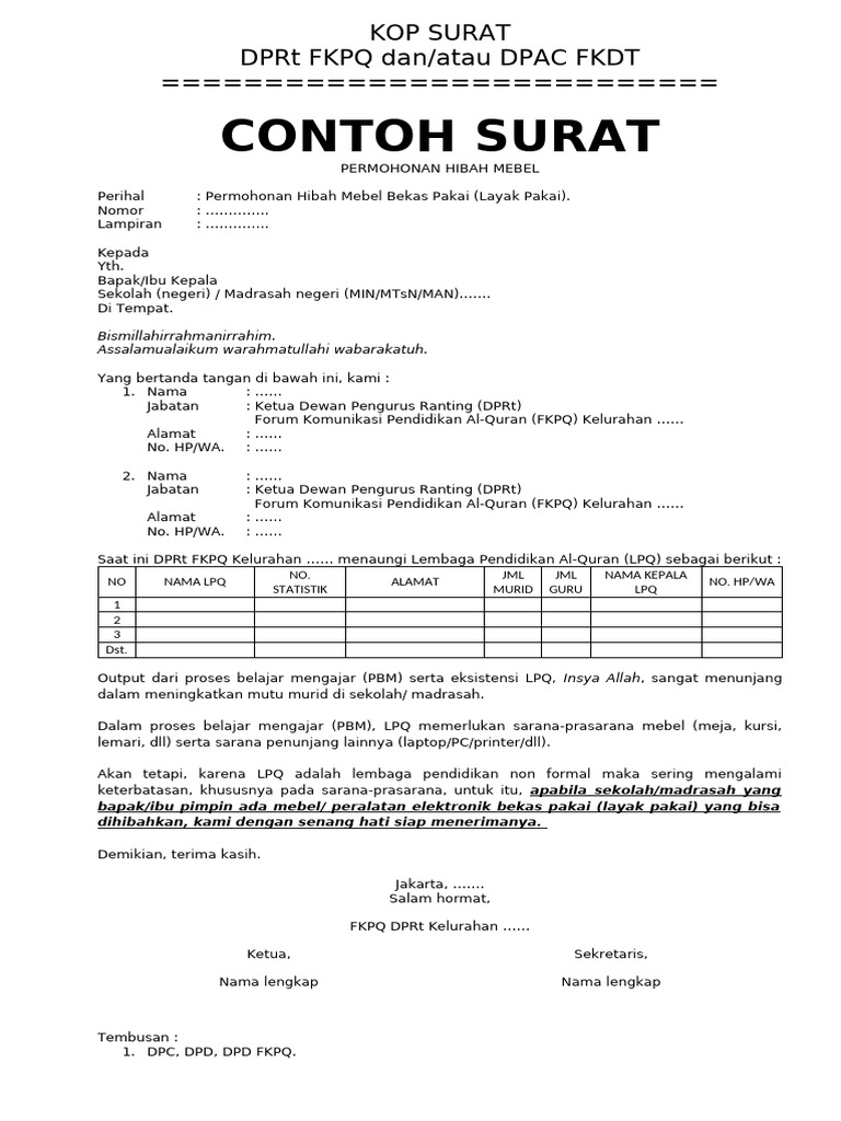 Contoh Surat Permohonan Hibah Mebel | PDF