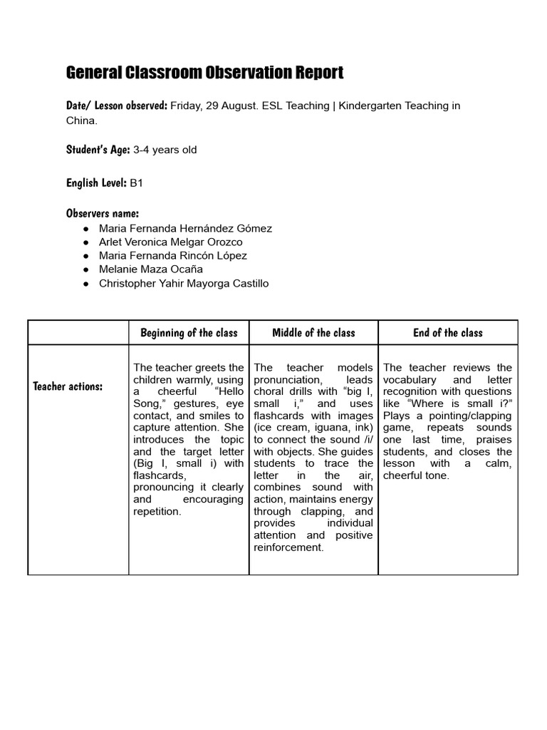 ESL Kindergarten Observation Report | PDF | Learning | Teachers