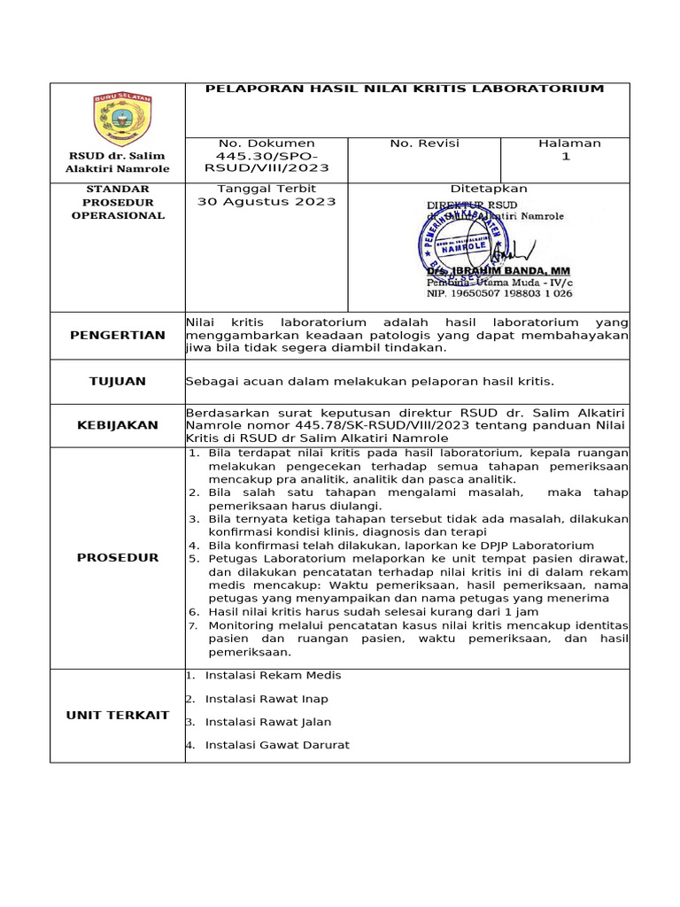 Spo Pelaporan Hasil Nilai Kritris Laboratorium Fix | PDF