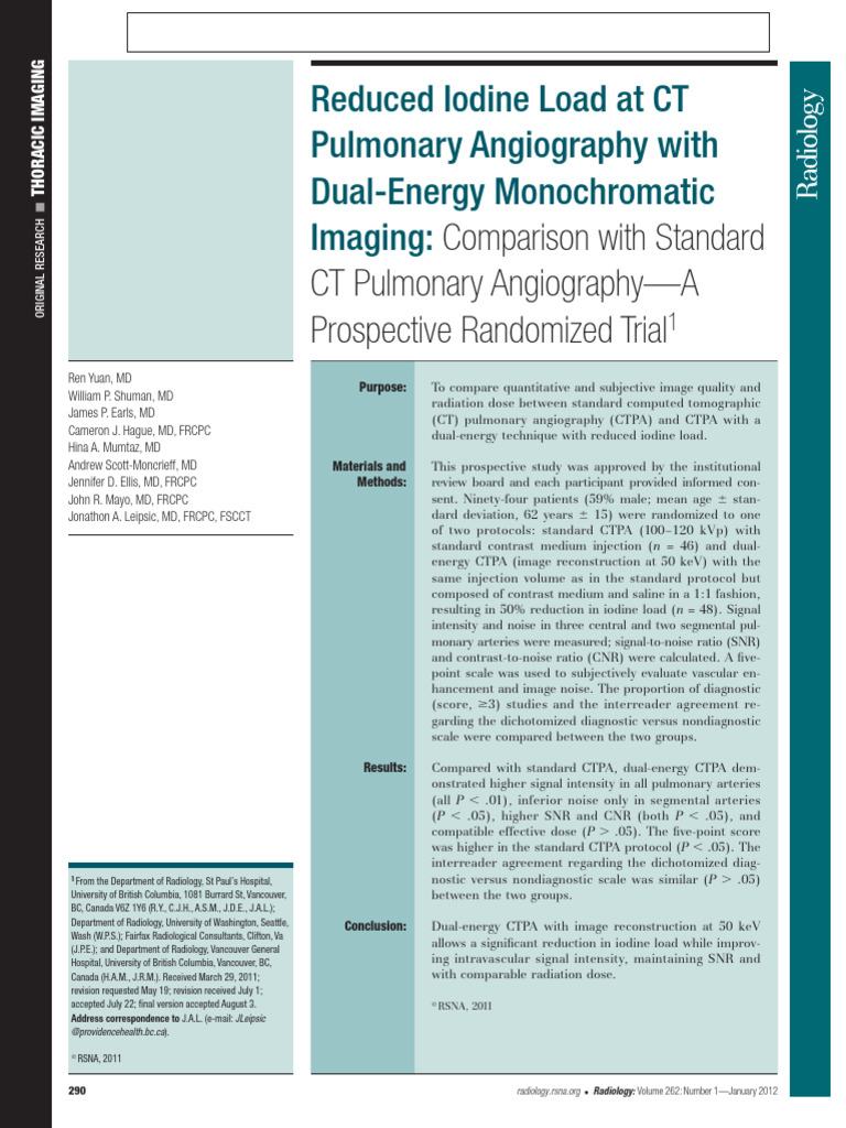 Dual-Energy CT Angiography: Iodine Reduction | PDF | Ct Scan | Radiology