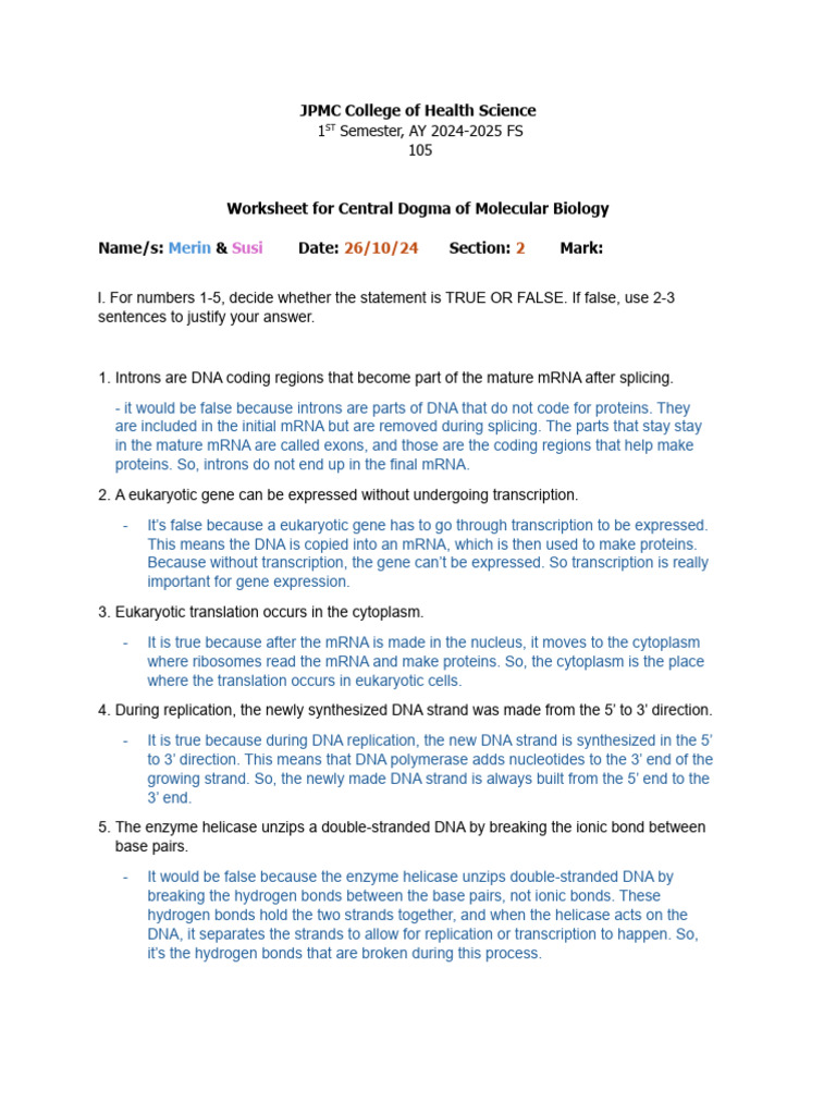 Central+Dogma+of+Molecular+Biology+Worksheet 1 | PDF | Messenger Rna ...