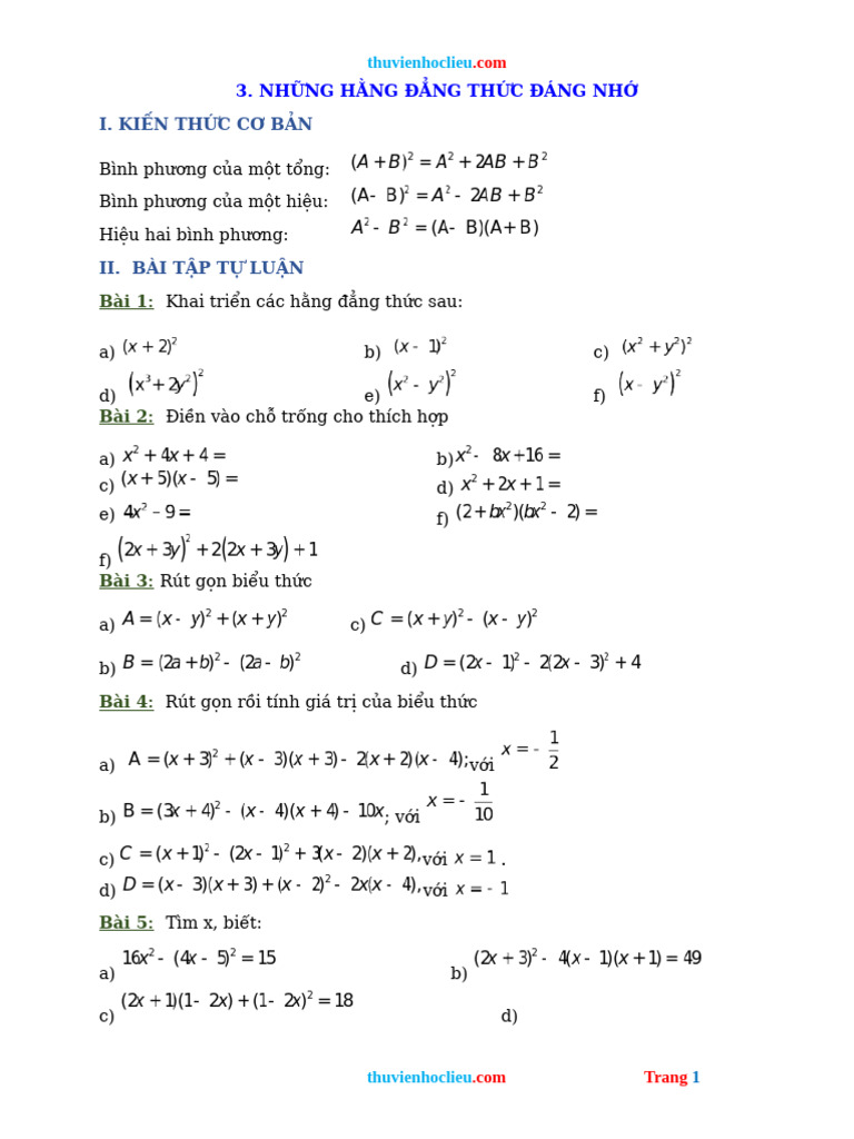 Bai Tap Toan Lop 8 Nhung Hang Dang Thuc Dang Nho | PDF