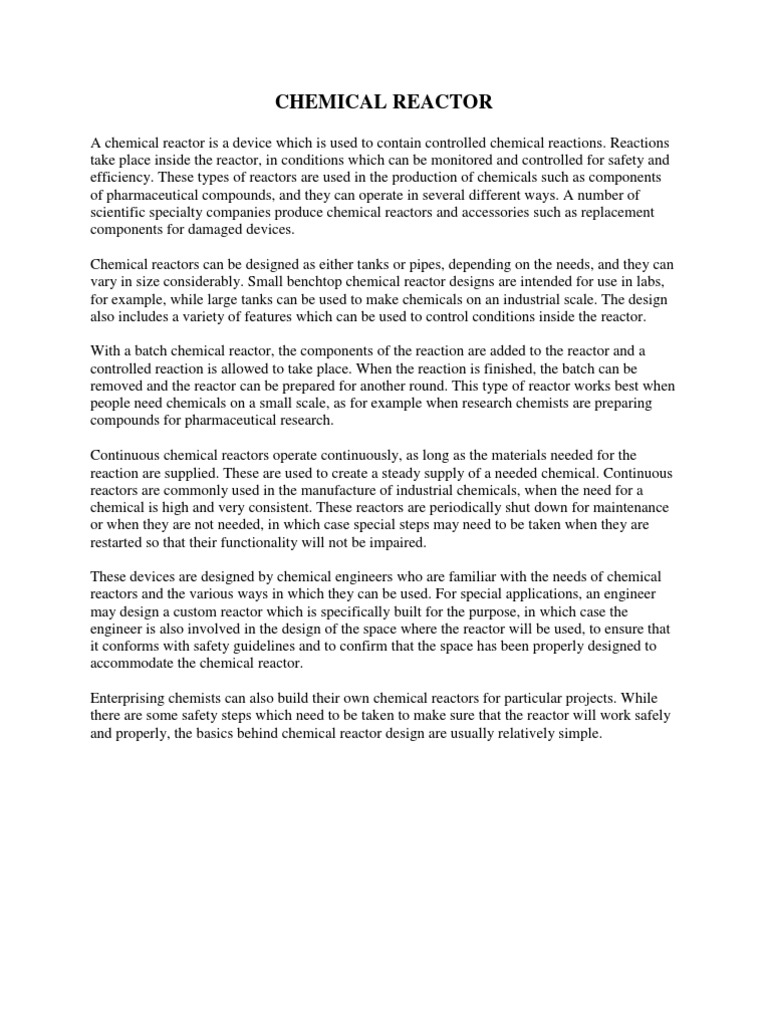 Chemical Reactor | PDF | Chemical Reactor | Chemical Reaction Engineering