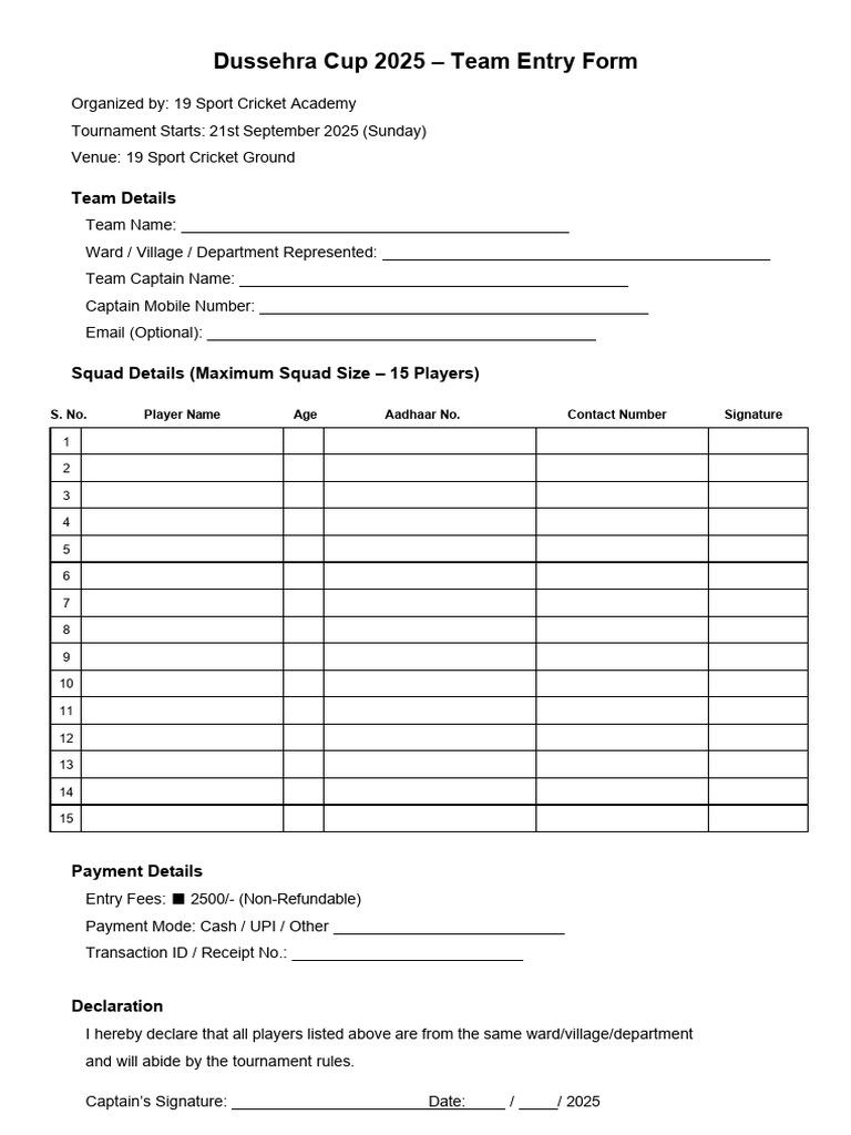 Dussehra Cup 2025 Team Entry Form | PDF