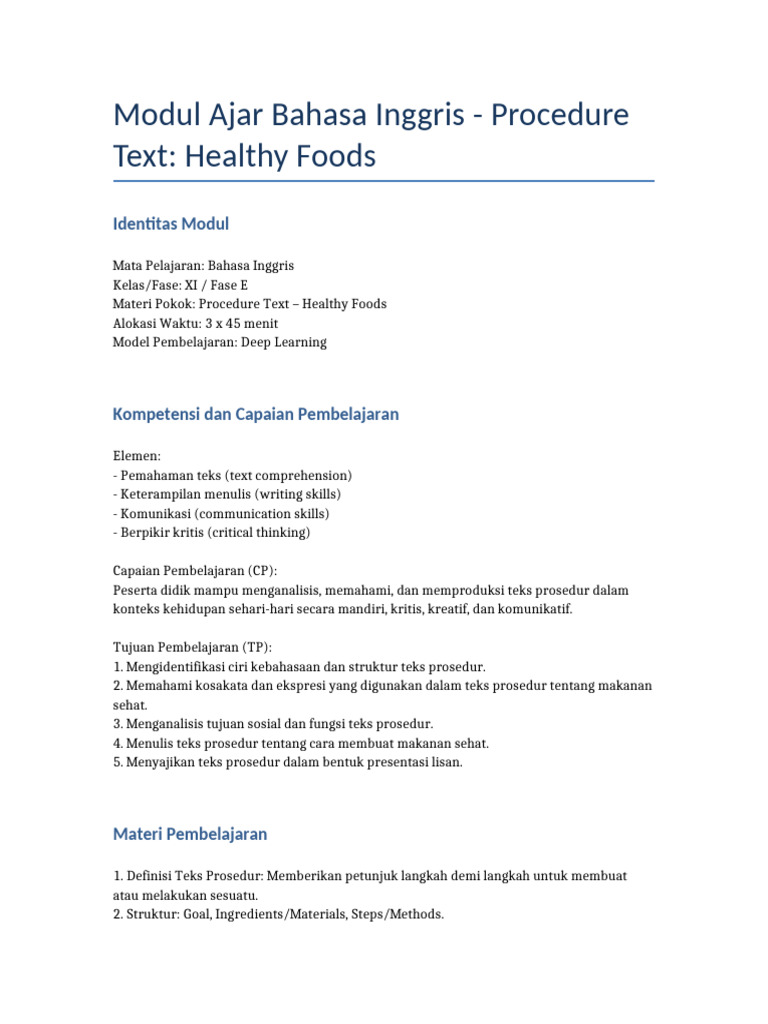 Modul Ajar Procedure Text Healthy Foods | PDF