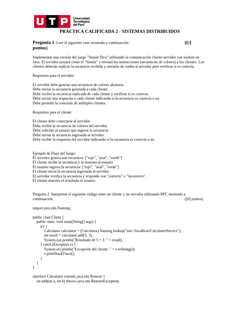 S10-Práctica Calificada 2-Sistemas Distribuidos | PDF | Servidor (Computación) | Java (lenguaje ...