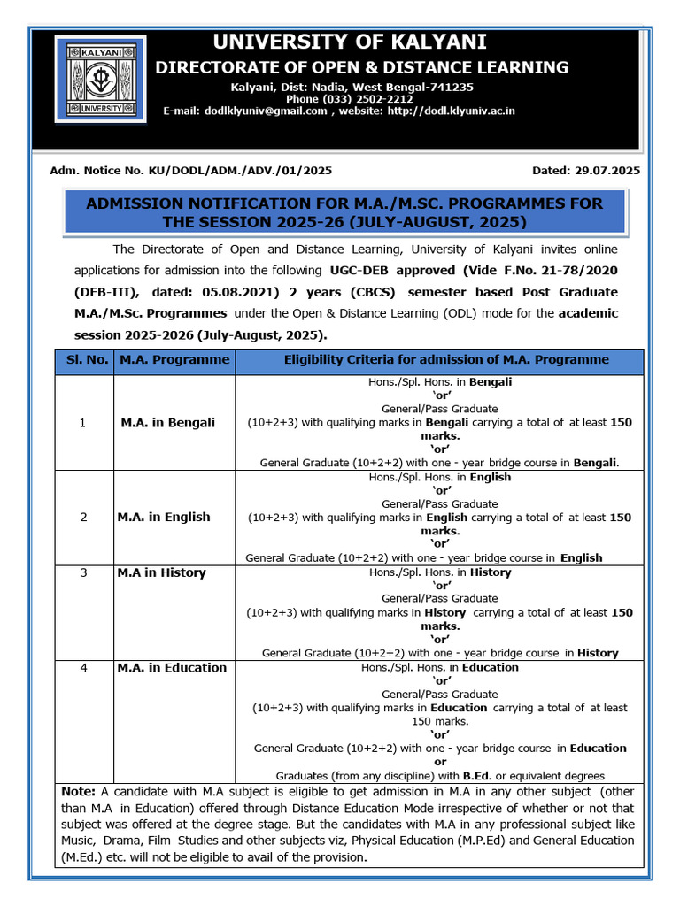 Admission Notice 2025-26 (July-August, 2025) DODL, University of ...