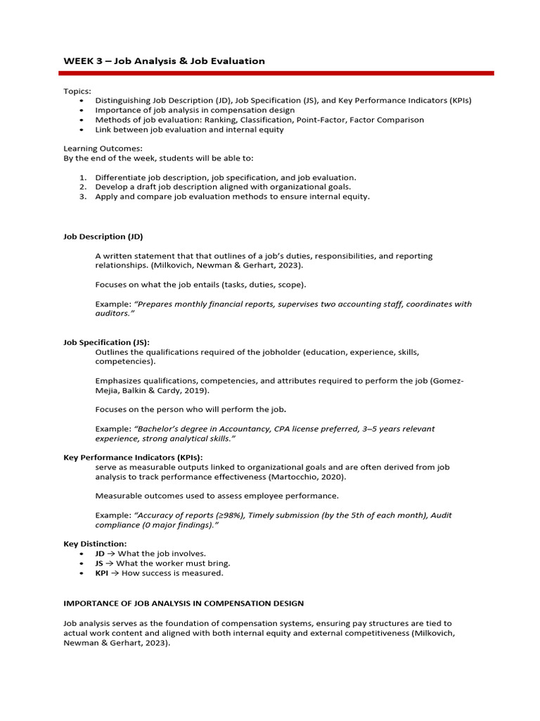 WEEK 3 Job Analysis Job Evaluation | PDF | Equal Pay For Equal Work ...